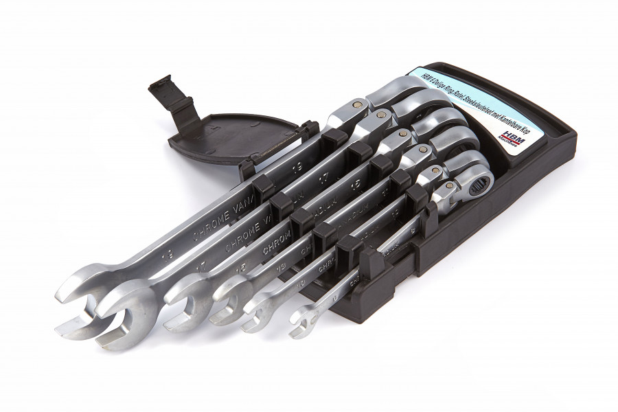 HBM 6 Delige Ring , Ratel , Steeksleutelset met Kantelbare Kop