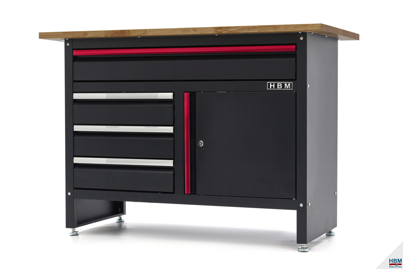 HBM 120 cm Werkbank met 4 Laden , 1 Deur en Houten Blad - Zwart