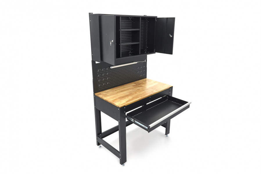 HBM 115 Cm. Werkbank Met Houten Werkblad, Achterwand Met Kastenwand ...